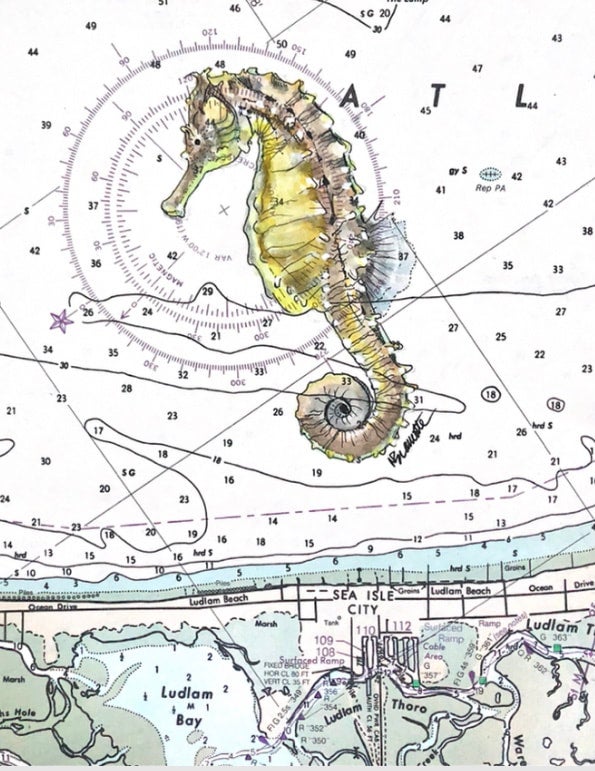 Watercolor Seahorse painting on Nautical Chart of Sea Isle City